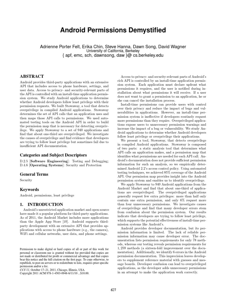 Android Permissions Demystified PDF | PDF | Method (Computer Programming) | Android (Operating ...