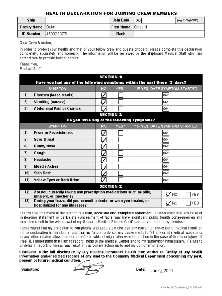 Crew Health Declaration Form | PDF | Symptom | Symptoms And Signs