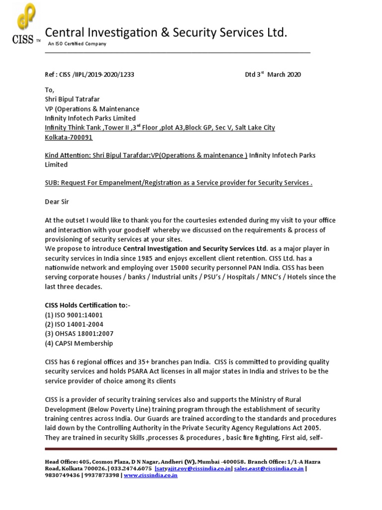 Request Letter For Empanelment and Registration For Security Services ...