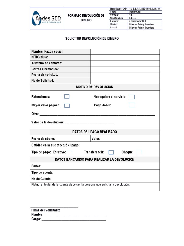 Formato Solicitud Devolución de Dinero V1.0 | PDF