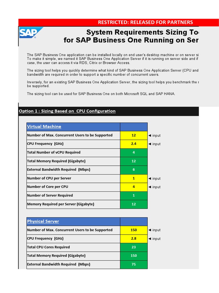System Requirements Sizing Tool For SAP Business One Running On Server Side | PDF | Central ...