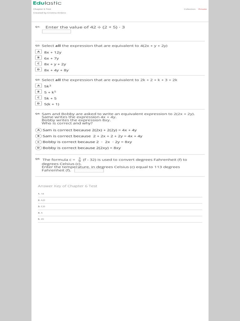 Chapter 6 Test Answer Key | PDF