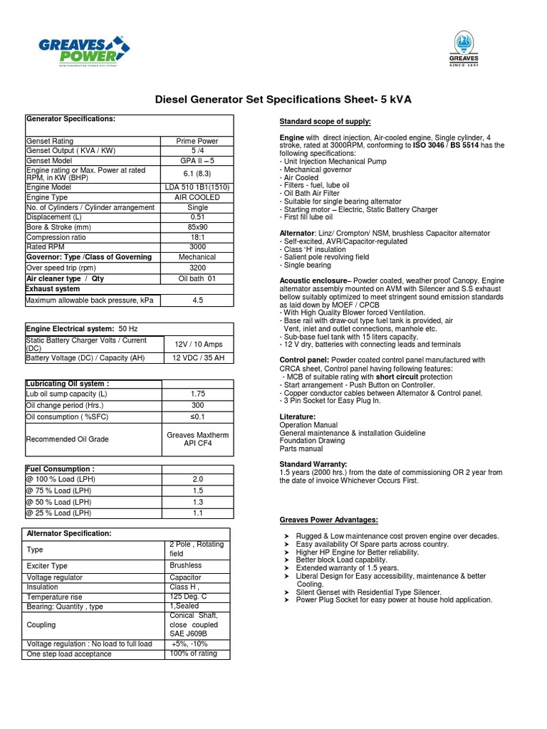 Diesel Generator Set Specifications Sheet-5 kVA | PDF | Engines ...