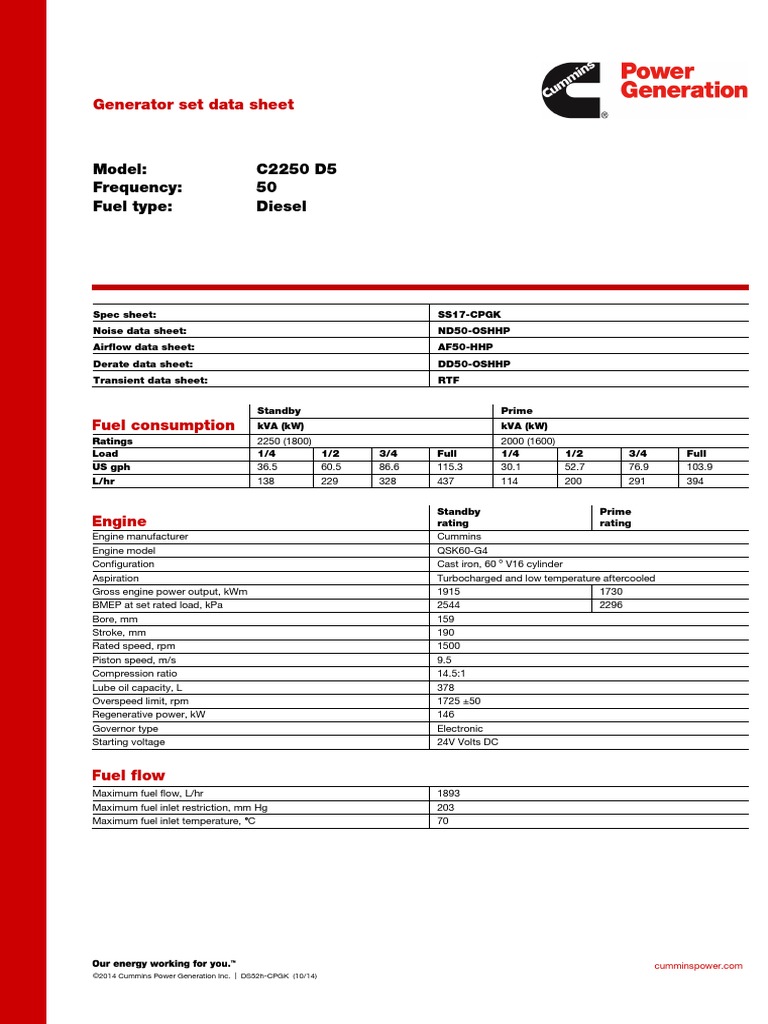 Model: Frequency: Fuel Type: C2250 D5 50 Diesel: Generator Set Data ...