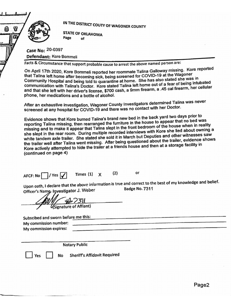 Probable Cause Affidavit For Arrest Warrant On Kore Bommeli | PDF