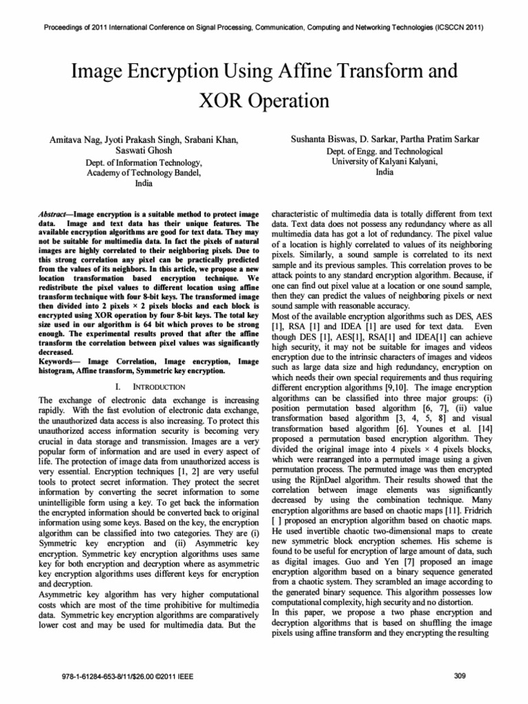 Image Encryption Using Affine Transform and XOR Operation | PDF | Cryptography | Key (Cryptography)