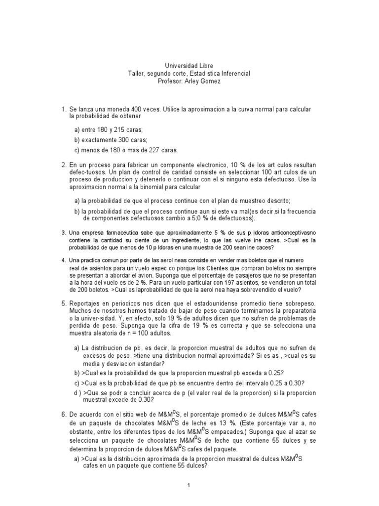 Estadística inferencial: Taller, segundo corte | PDF | Distribución normal | Desviación Estándar