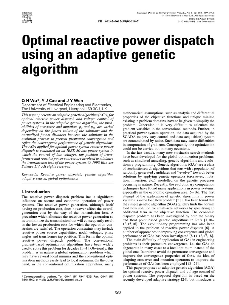 Optimal Reactive Power Dispatch Adaptive Pdf Genetic Algorithm Mathematical Optimization