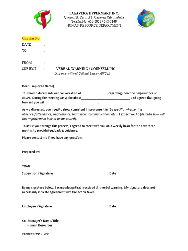 Verbal Warning Template | PDF
