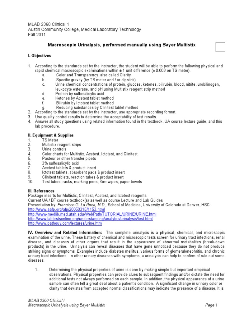 Macroscopic Urinalysis, Performed Manually Using Bayer Multistix | PDF ...