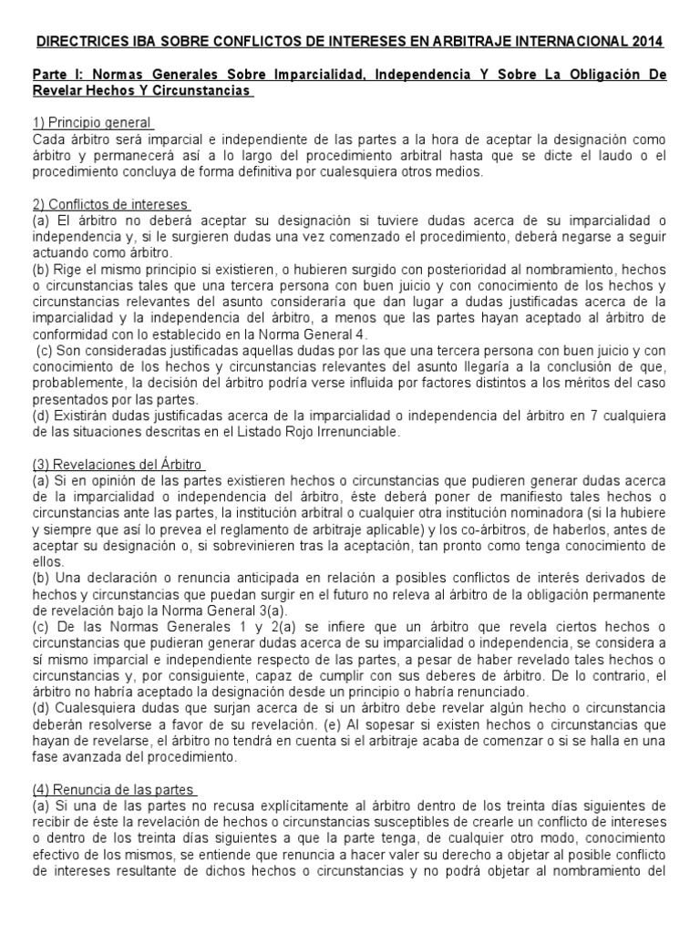 Directrices Iba Sobre Conflictos de Intereses en Arbitraje Internacional 2014 | PDF | Arbitraje ...