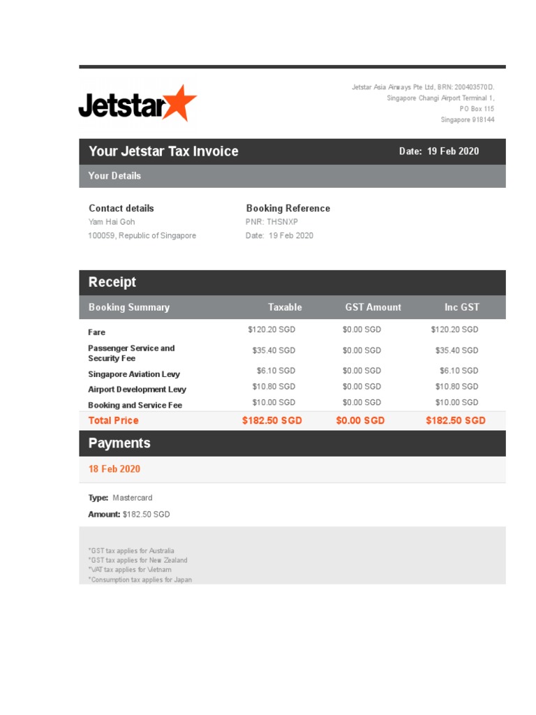 Your Jetstar Tax Invoice: Date: 19 Feb 2020 Your Details | PDF