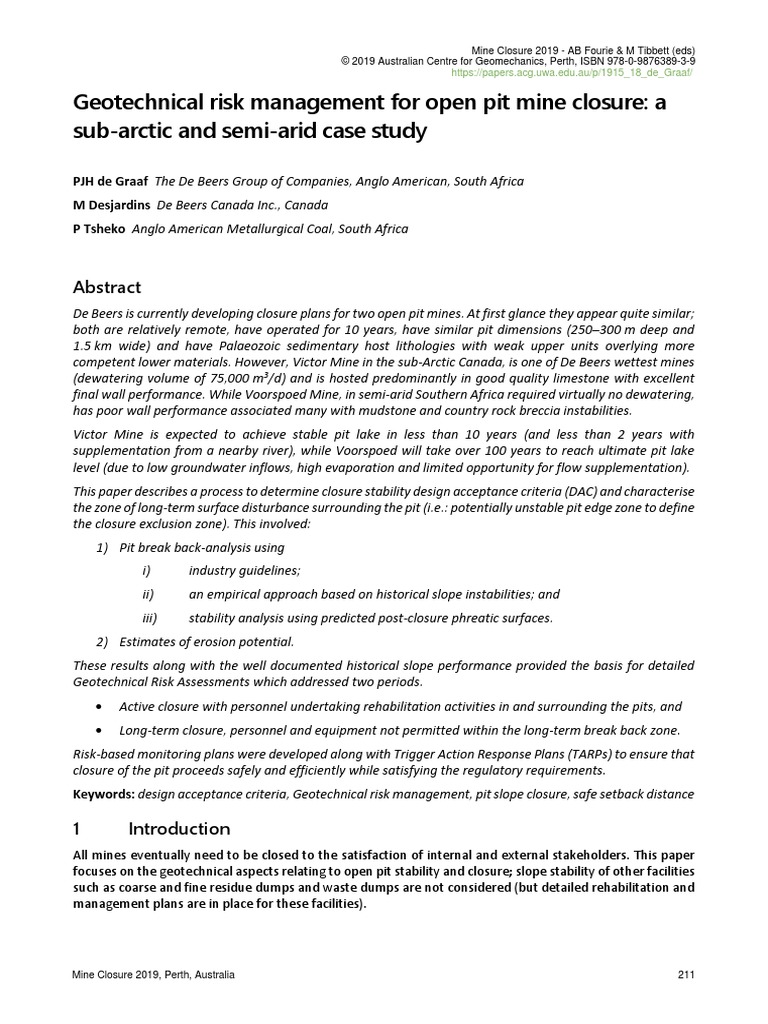 Geotechnical Risk Management For Open Pit Mine Closure: A Sub-Arctic ...