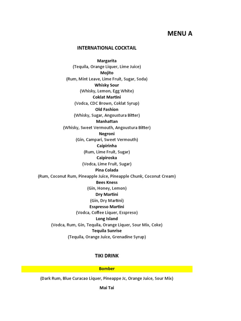 Menu Alcohol: International Cocktail | PDF | Martini (Cocktail) | Drink