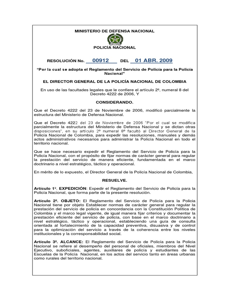 Resolución 912 Reglamento Del Servicio de Policía 010409 | PDF | Policía | Regulación