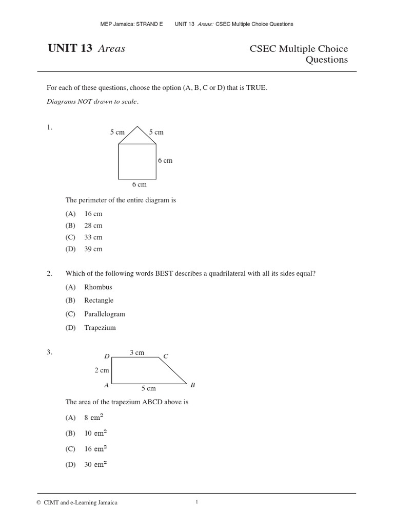UNIT 13 Areas: CSEC Multiple Choice Questions | PDF | Area | Rectangle