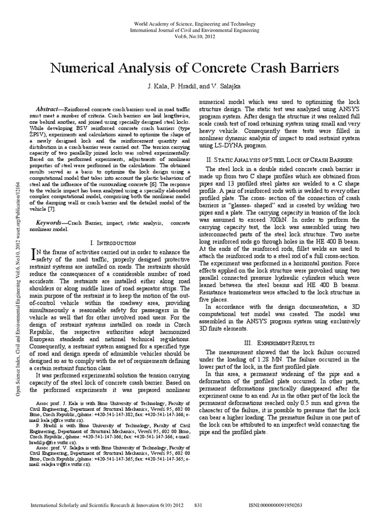 Numerical Analysis of Concrete Crash Barriers: J. Kala, P. Hradil, and ...