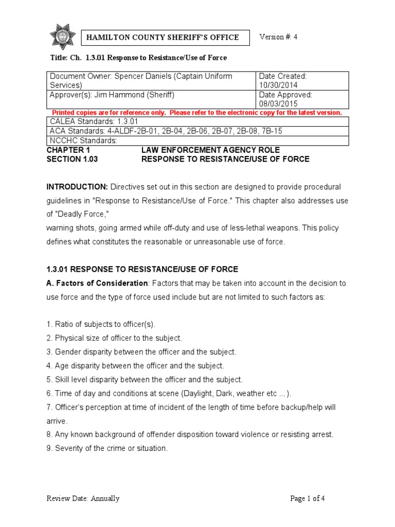 Response To Resistance - Use of Force 1.3.01 | PDF | Use Of Force ...
