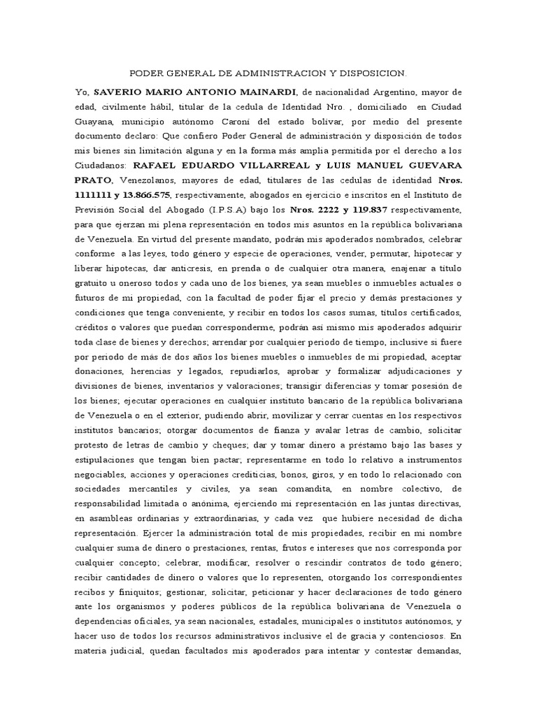 Poder General de Administracion y Disposicion | Descargar gratis PDF | Propiedad | Pagaré