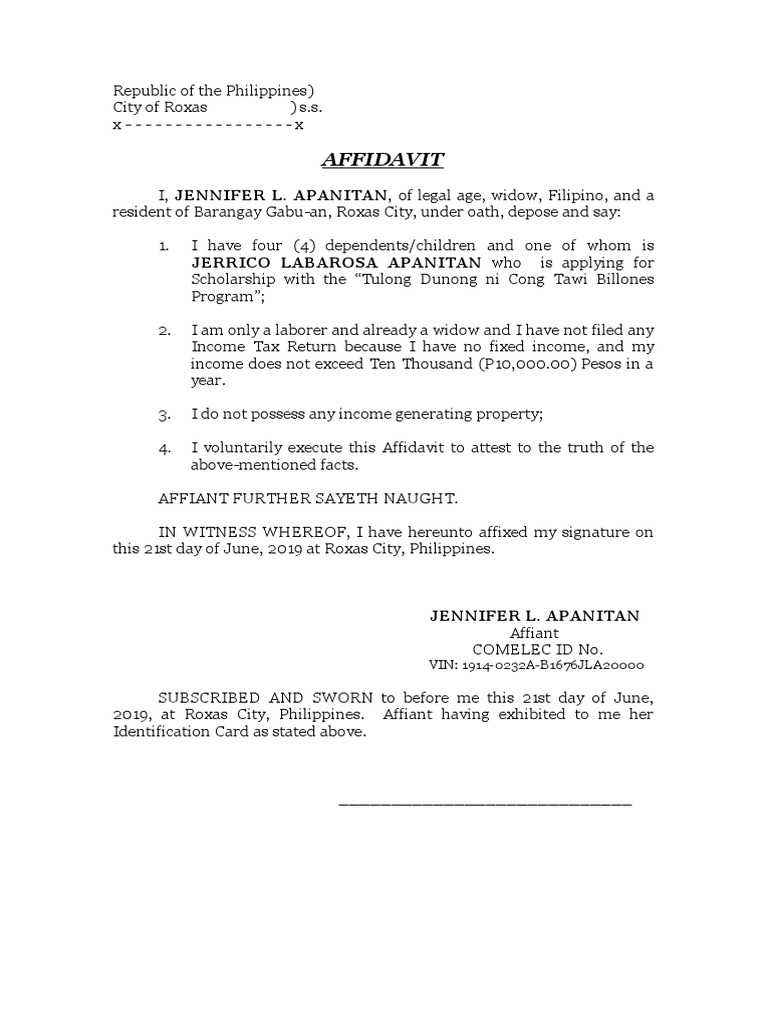 Affidavit of No Income | PDF | Politics | Social Science