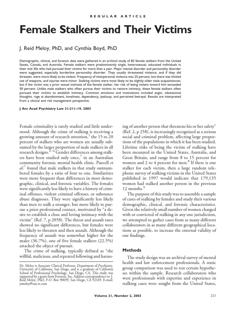 Female Stalkers and Their Victims: J. Reid Meloy, PHD, and Cynthia Boyd ...