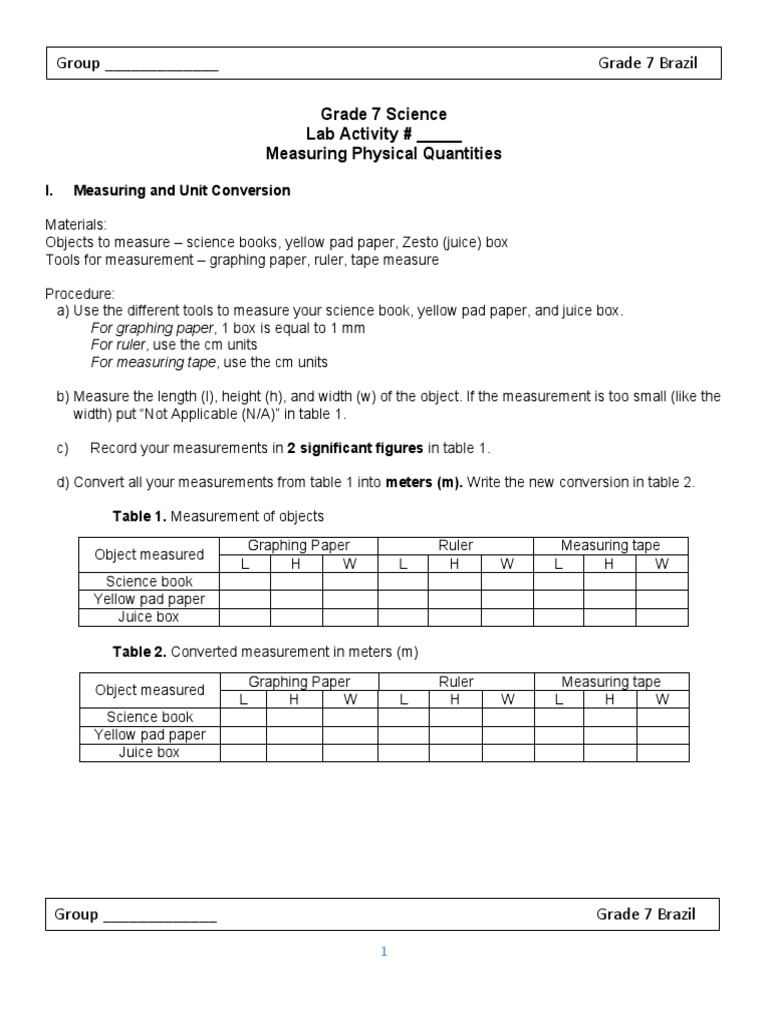 Grade 7 Measurement Lab Activity | PDF | Length | Measurement