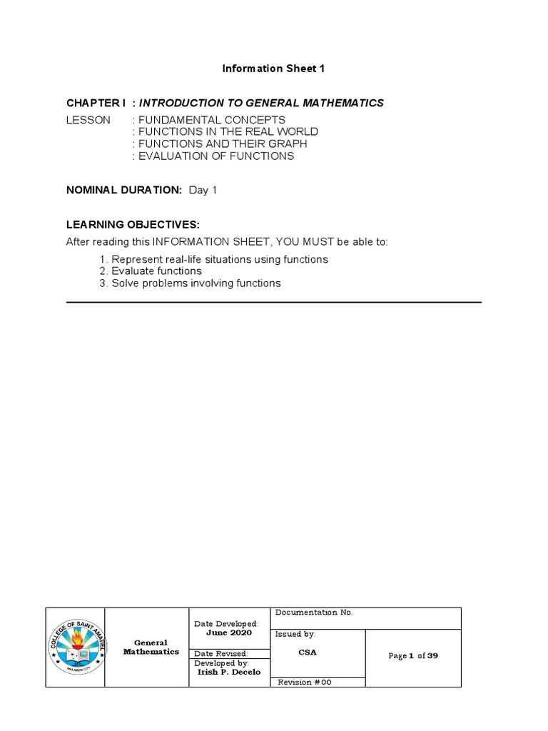 Information Sheet 1 Chapter I: Introduction To General Mathematics ...