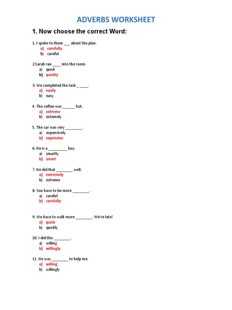Adverbs Worksheet: 1. Now Choose The Correct Word | PDF | Language Arts ...