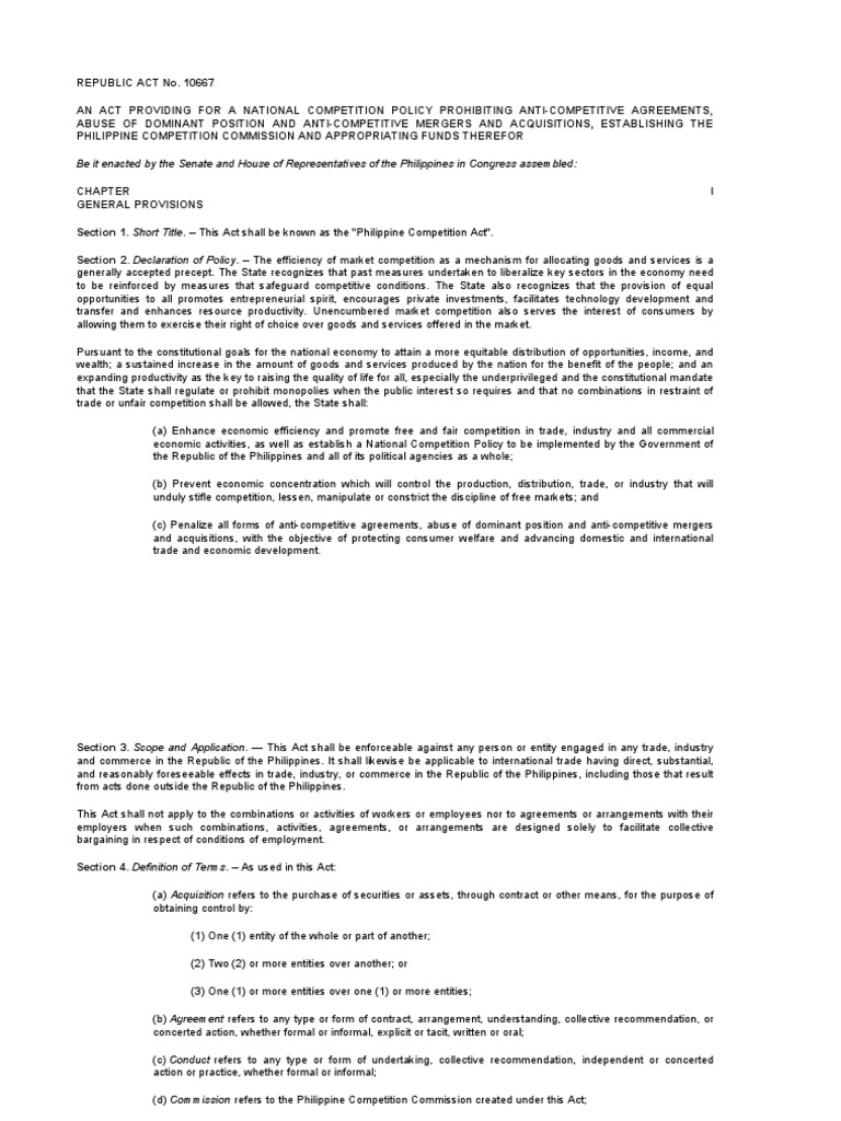 The Philippine Competition Act: Establishing the Philippine Competition Commission to Enforce ...