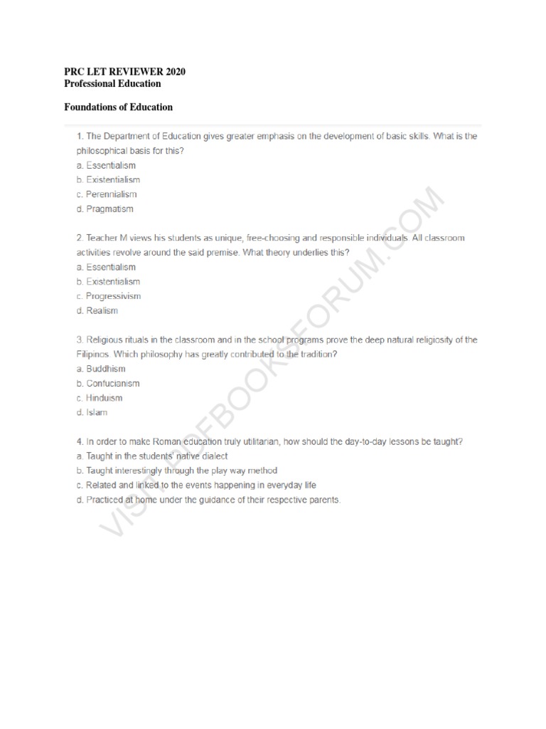 PROF ED LET REVIEWER 2020 With Answers | PDF | Education Theory | Teaching