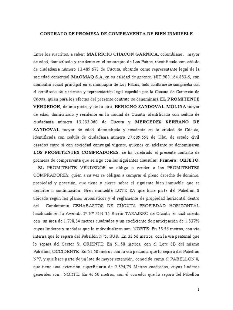 Modelo De Promesa De Compraventa De Bien Inmueble Lote Cenabastos