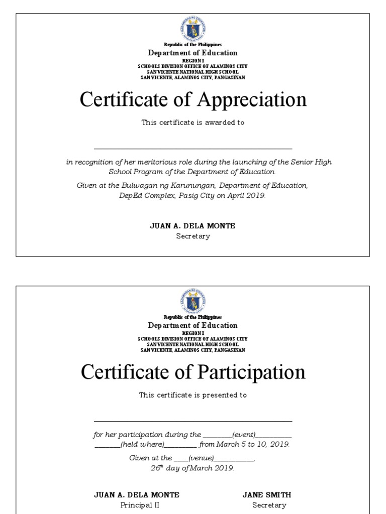 DepEd Certificate Templates and Samples | PDF | Social Science | Wellness