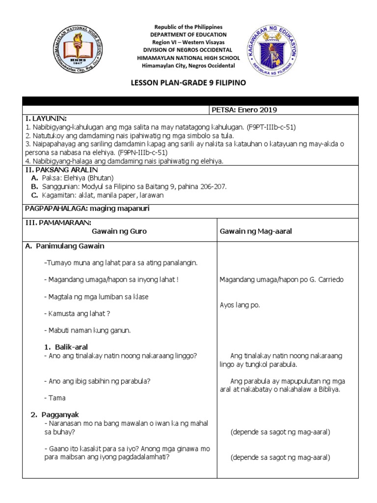 Elehiya Lesson Plan (Grade 9) | PDF