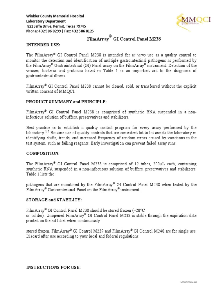 FilmArray® GI Control Panel M238 | PDF | Assay | Escherichia Coli