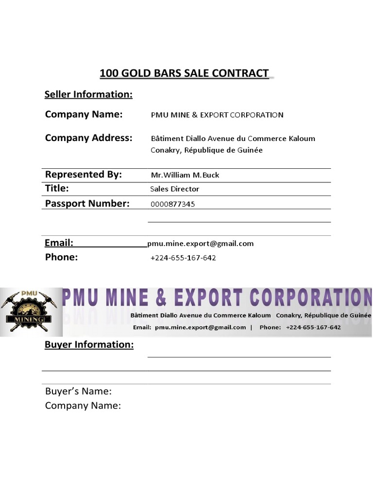 100kg Gold - Bars - 97% Sale Contract PMU - Mine-1 | PDF | Gold | Payments