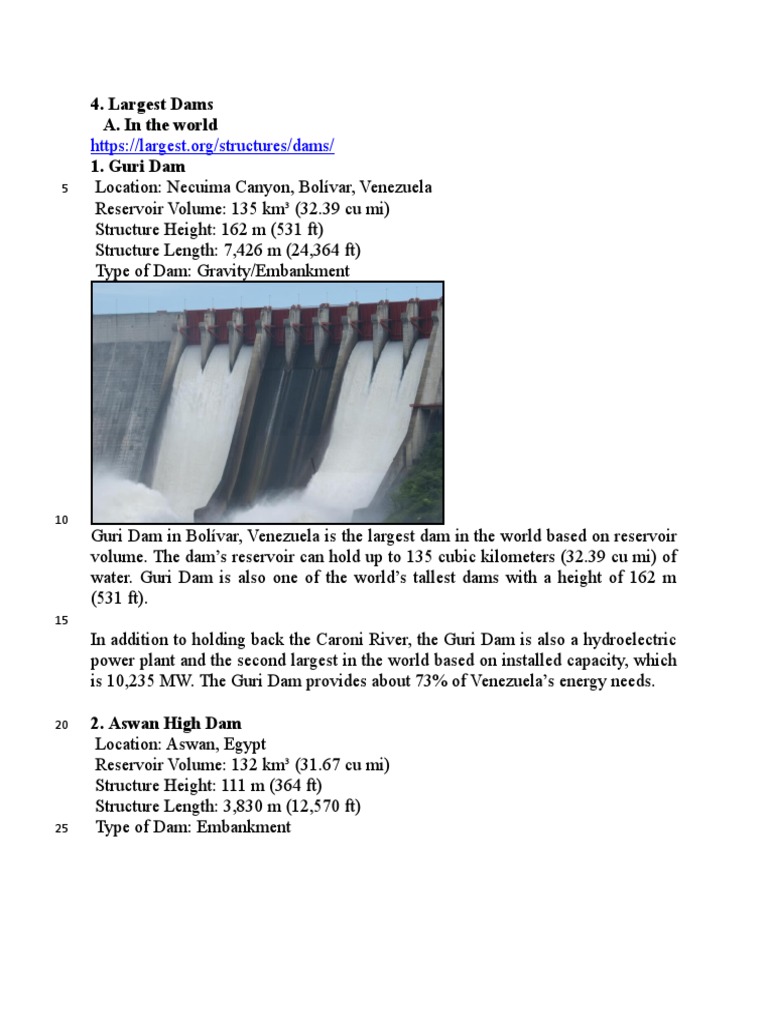 Largest Dams A. in The World 1. Guri Dam | PDF | Dam | Reservoir