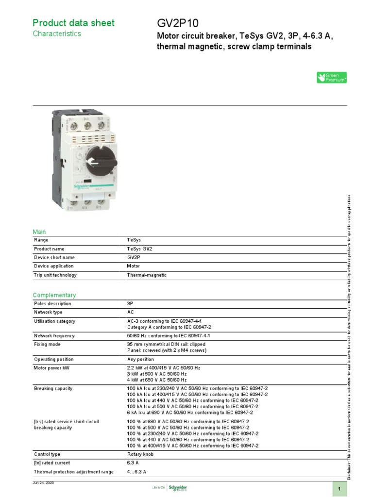 GV2P10 Motor Circuit Breaker Data Sheet | PDF | Alternating Current ...