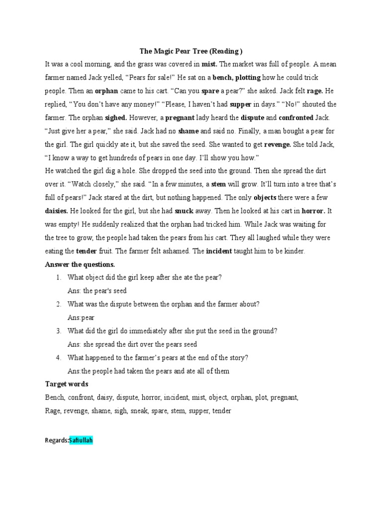 The Magic Pear Tree (Reading) : Regards:Safiullah | PDF