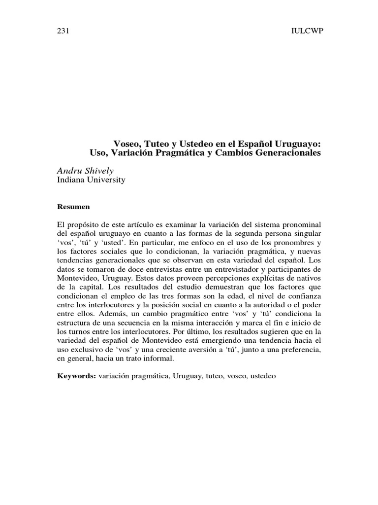 Voseo, Tuteo y Ustedeo en El Español Uruguayo - Andru Shively | PDF ...