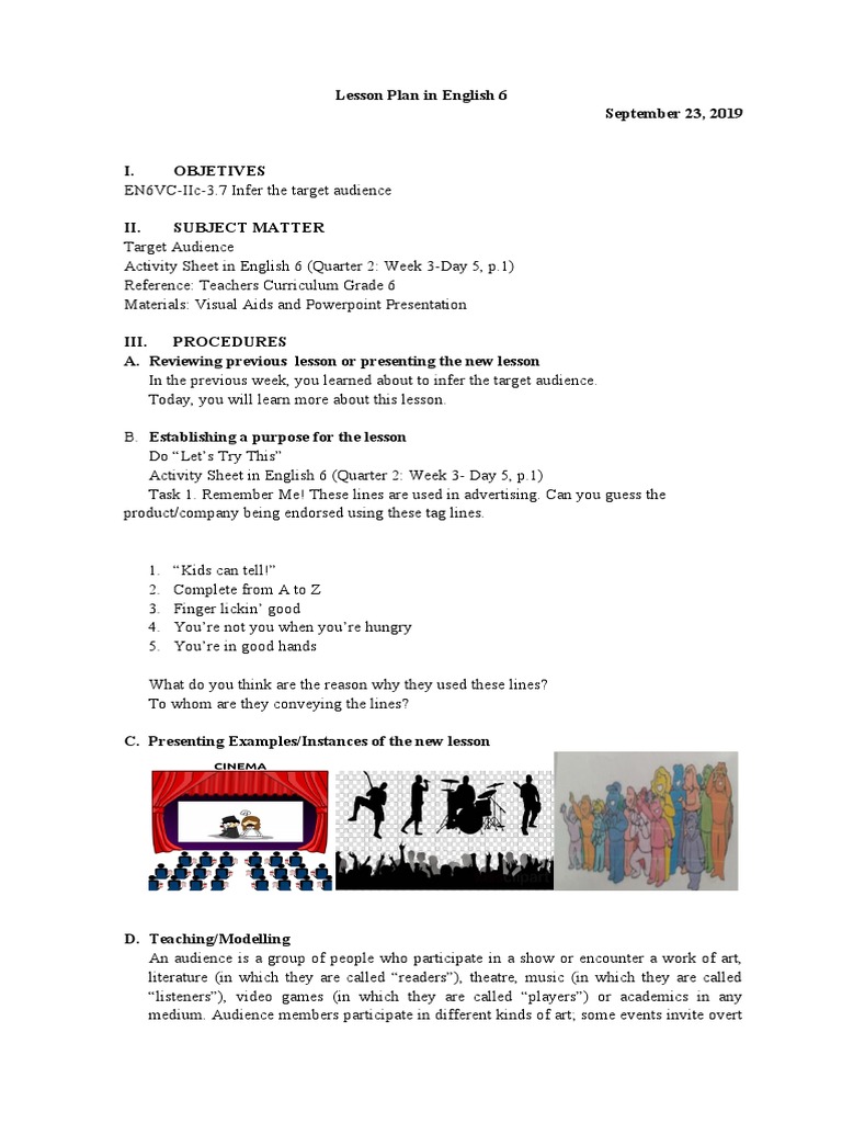 Lesson Plan in English 6 September 23, 2019 | PDF | Television ...