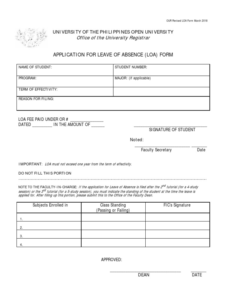 Application For Leave of Absence (Loa) Form: Office of The University ...