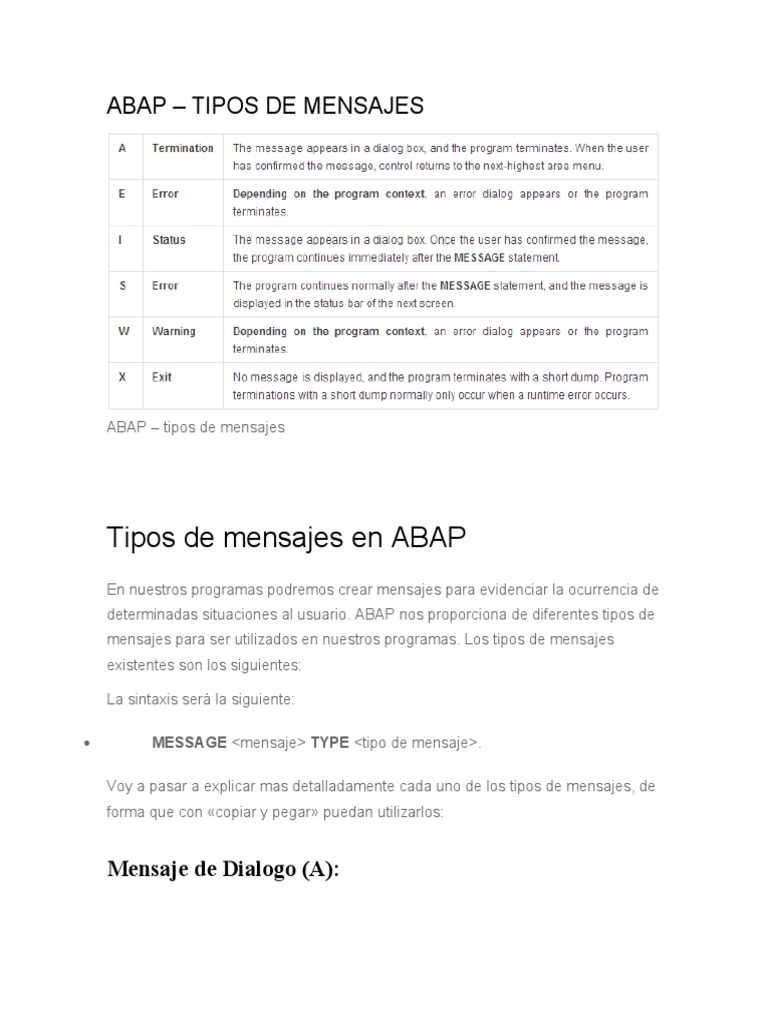 Guía de Mensajes ABAP para Desarrolladores | PDF | Ventana (informática) | Programa de computadora