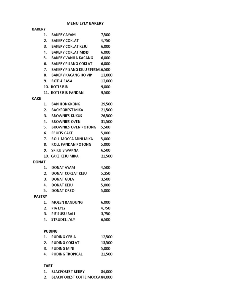 Lyly Bakery Menu and Pricing 2025 | PDF