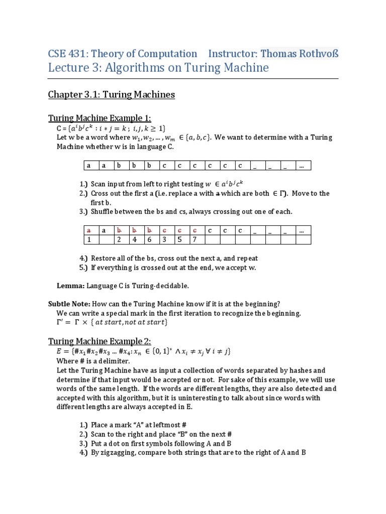Lecture 3 Algorithms On Turing Machine Cse 431 Theory Of Computation