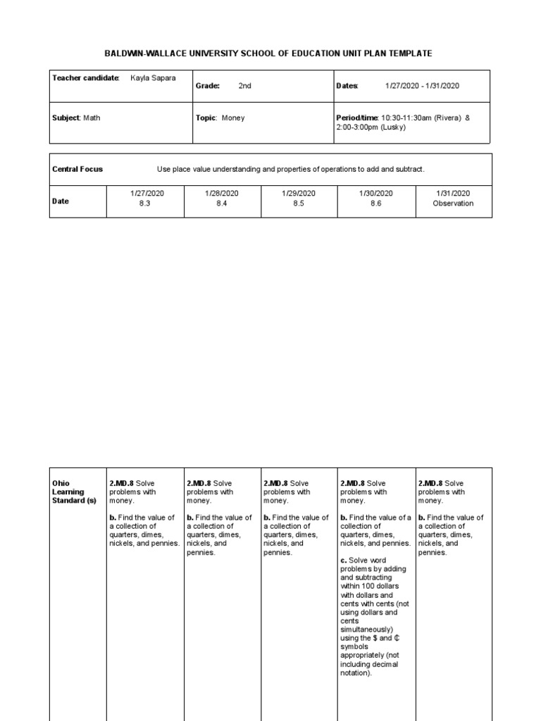 Baldwin-Wallace University School of Education Unit Plan Template | PDF ...