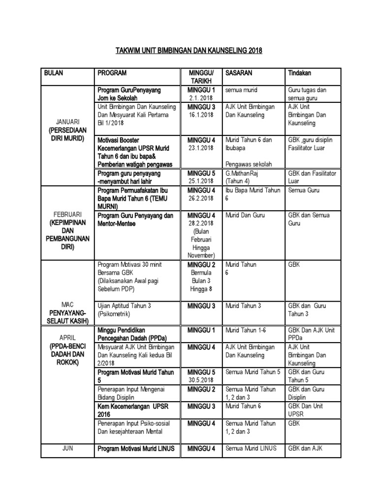 Takwim Unit Bimbingan Dan Kaunseling 2016 | PDF