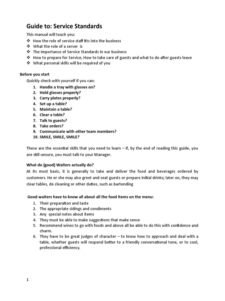 Guide To Service Standard | PDF | Waiting Staff | Tableware