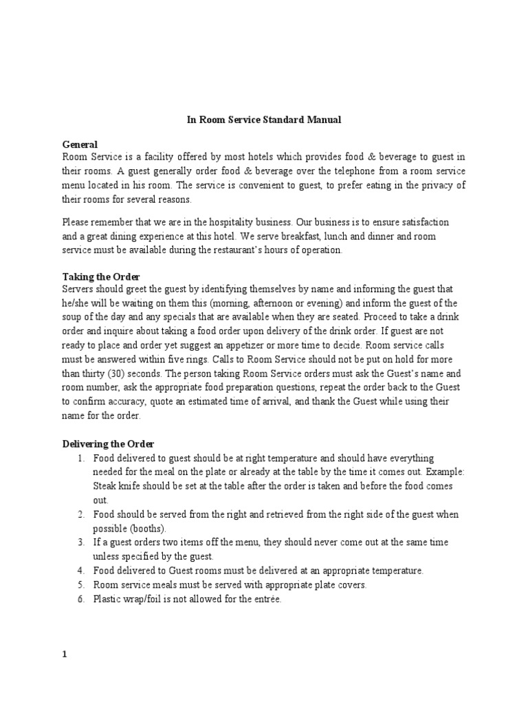 In Room Service Standard Manual General | Download Free PDF | Food And ...