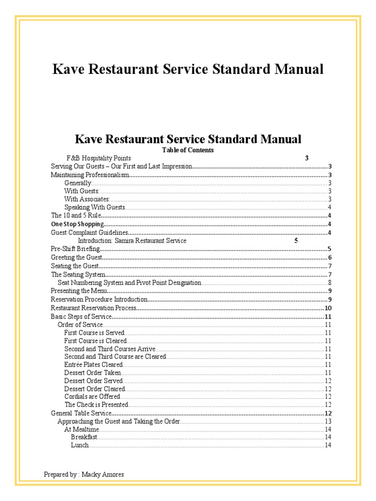 Kave Service Standard Manual | PDF | Waiting Staff | Menu