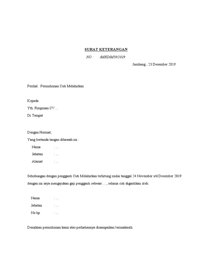 Contoh Surat Cuti Melahirkan | PDF